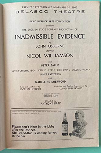 Nicol Williamson Playbill from Inadmissible Evidence starring Nicol Williamson Peter Sallis Madeleine Sherwood Lawrence Linville aka (Larry Linville) of Mash Fame was an understudy in this Production Written by John Osborne