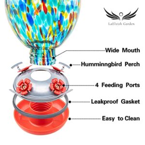 LaElvish Garden Hummingbird Feeder, 32OZ Hand Blown Glass Hummingbird Feeders for Outdoors Hanging, Built-in Ant Moat Wild Humming Bird Feeders, Yard Garden Gifts Decor (Merry)