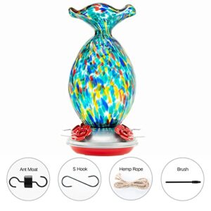 LaElvish Garden Hummingbird Feeder, 32OZ Hand Blown Glass Hummingbird Feeders for Outdoors Hanging, Built-in Ant Moat Wild Humming Bird Feeders, Yard Garden Gifts Decor (Merry)