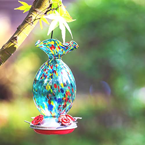 LaElvish Garden Hummingbird Feeder, 32OZ Hand Blown Glass Hummingbird Feeders for Outdoors Hanging, Built-in Ant Moat Wild Humming Bird Feeders, Yard Garden Gifts Decor (Merry)