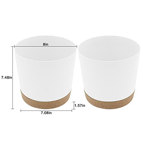 QCQHDU Plant Pots Set of 2 Pack 8 inch,Planters for Indoor Plants with Drainage Holes and Removable Base,Saucer Modern Decorative for Outdoor Garden Planters(White 8in)