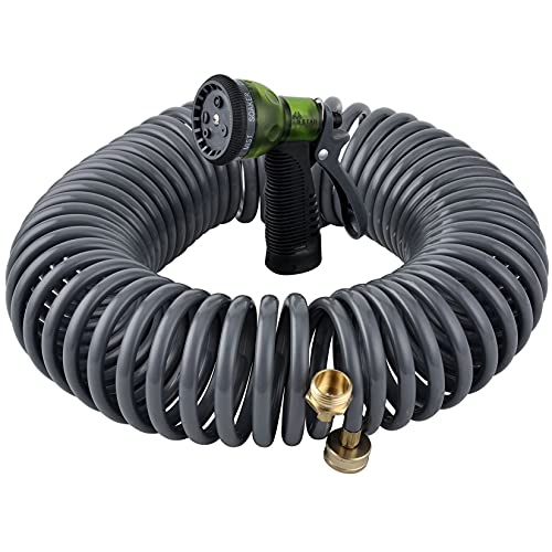 YESTAR 50FT Garden Coil Hose 3/4" Solid Brass Connector Flexible Water Hose with High Pressure 7-Pattern Spray Nozzle Lightweight Durable Easy to Storage Kink Free