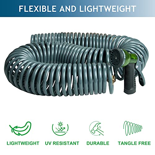 YESTAR 50FT Garden Coil Hose 3/4" Solid Brass Connector Flexible Water Hose with High Pressure 7-Pattern Spray Nozzle Lightweight Durable Easy to Storage Kink Free