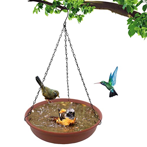 Hanging Bird Bath for Outdside, 12" in Diameter × 2.25" Deep Brick Red Bird Bath Tray,Made of PP Material with 15.7" Antirust Paint Black Chain for Garden Yard Decoration