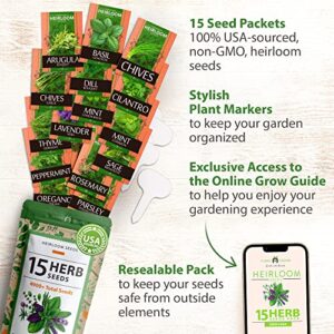 15 Culinary Herb Seeds Vault - Heirloom & Non GMO (2X More) 4900+ Seeds for Planting Indoor or Outdoor Herbs Garden | Gardening Gift for Men Women - Basil, Cilantro, Chives, Lavender, Mint, Thyme