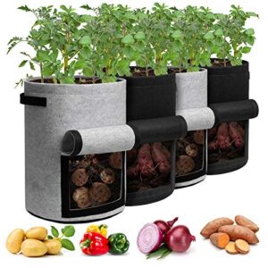 homyhoo potato grow bags with flap 10 gallon, 4 pack planter pot with handles and harvest window for potato tomato and vegetables, black and gray