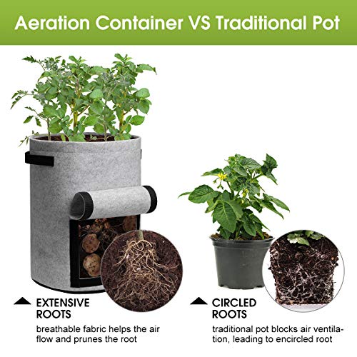 Homyhoo Potato Grow Bags with Flap 10 Gallon, 4 Pack Planter Pot with Handles and Harvest Window for Potato Tomato and Vegetables, Black and Gray