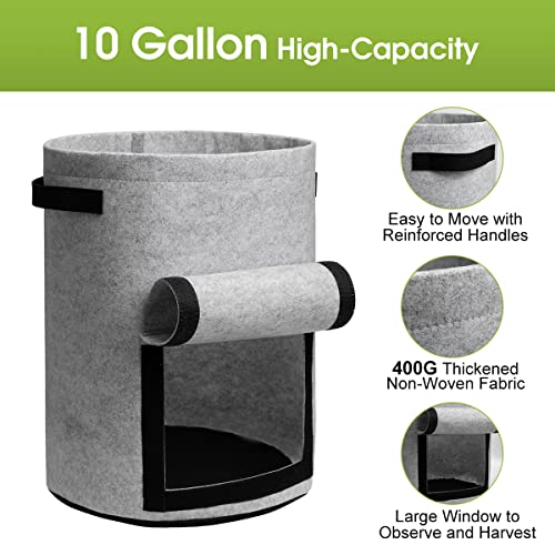 Homyhoo Potato Grow Bags with Flap 10 Gallon, 4 Pack Planter Pot with Handles and Harvest Window for Potato Tomato and Vegetables, Black and Gray