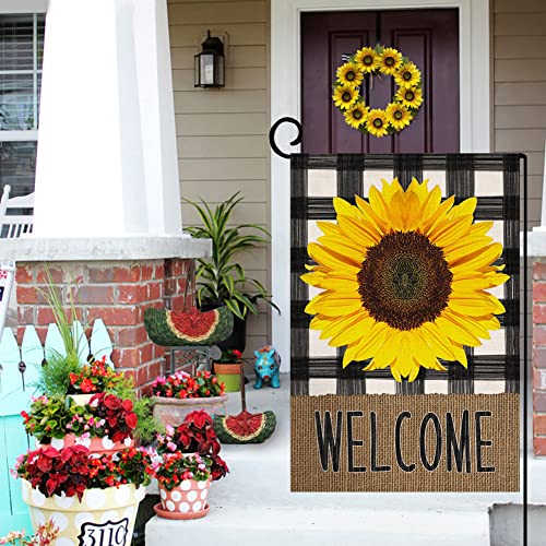 Spring Summer Sunflower Garden Flag 12x18 Vertical Double Sided Buffalo Floral Welcome Farmhouse Outdoor Decorations Burlap Yard Flag BW123