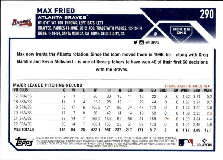 2023 TOPPS #290 MAX FRIED ATLANTA BRAVES BASEBALL OFFICIAL TRADING CARD OF THE MLB