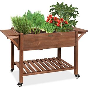 best choice products 57x20x33in mobile raised garden bed elevated wood planter box stand for backyard, patio w/folding side tables, locking wheels – brown