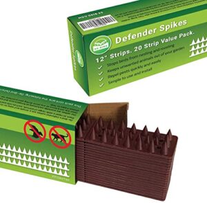 de-bird: defender spikes, cat and bird deterrent – outdoor pest defender to keep off pigeon, squirrel, woodpecker & more. plastic deterrent anti theft climb strips – 20pk [20 foot]