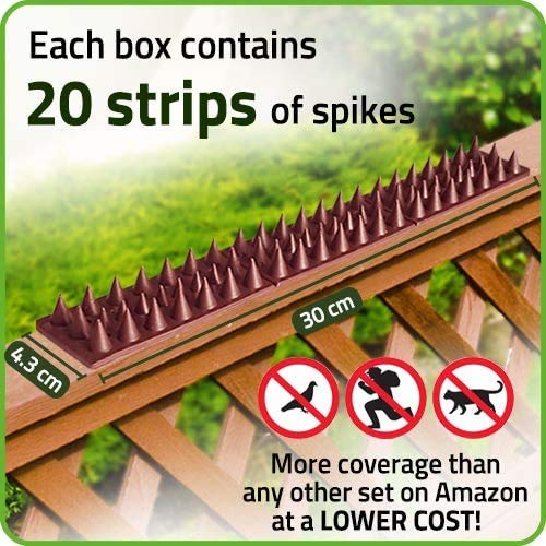 DE-BIRD: Defender Spikes, Cat and Bird Deterrent - Outdoor Pest Defender to Keep Off Pigeon, Squirrel, Woodpecker & More. Plastic Deterrent Anti Theft Climb Strips - 20pk [20 Foot]