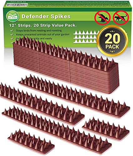 DE-BIRD: Defender Spikes, Cat and Bird Deterrent - Outdoor Pest Defender to Keep Off Pigeon, Squirrel, Woodpecker & More. Plastic Deterrent Anti Theft Climb Strips - 20pk [20 Foot]