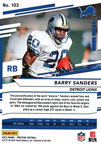 Barry Sanders Prestige Collectible Football Card - 2022 Panini Prestige Football Card #103 (Lions) Free Shipping & Tracking