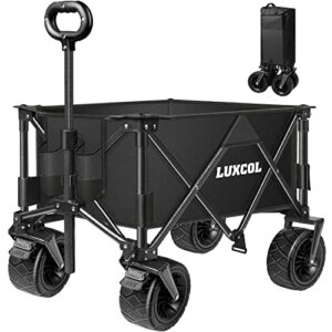 luxcol collapsible folding wagon, heavy duty utility beach wagon cart for sand with big wheels, adjustable handle&drink holders for shopping, camping,garden and outdoor