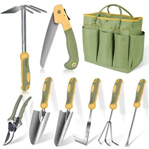 garden tool set, wisakey 9 piece stainless steel heavy duty green gardening tools with non-slip ergonomic handle, durable garden tool bag, ideal gardening hand tools, gardening gifts for women and men