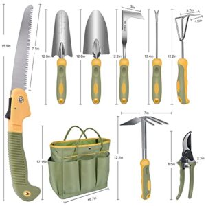 Garden Tool Set, WisaKey 9 Piece Stainless Steel Heavy Duty Green Gardening Tools with Non-Slip Ergonomic Handle, Durable Garden Tool Bag, Ideal Gardening Hand Tools, Gardening Gifts for Women and Men