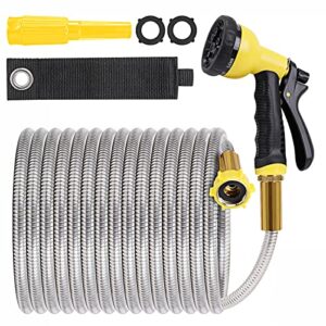 amlegen metal water garden hose 50ft – heavy duty stainless steel, 8-function sprayer & adjustable nozzle, lightweight & flexible, tangle free & kink free, dog proof, for lawn/yard/outdoor/rv