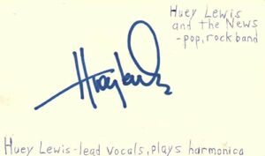 huey lewis lead vocals and harmonica music autographed signed index card jsa coa