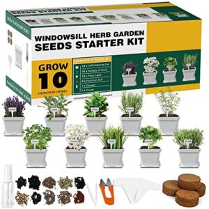 herb grow kit, 10 herb seeds garden starter kit, complete potted plant growing set including white pots, markers, nutritional soil, watering, herb clipper for kitchen herb garden diy