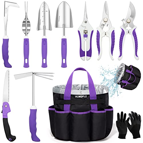 HLWDFLZ Purple Garden Tool Set Gardening Gifts for Women - 11PCS Heavy Duty Garden Tools with Detachable Storage Bag, Weeder, Dual-Purpose Hoe