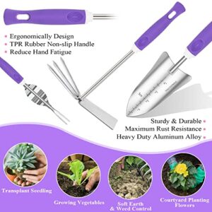 HLWDFLZ Purple Garden Tool Set Gardening Gifts for Women - 11PCS Heavy Duty Garden Tools with Detachable Storage Bag, Weeder, Dual-Purpose Hoe