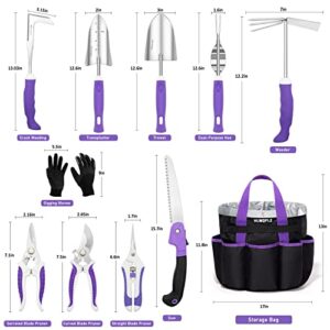 HLWDFLZ Purple Garden Tool Set Gardening Gifts for Women - 11PCS Heavy Duty Garden Tools with Detachable Storage Bag, Weeder, Dual-Purpose Hoe