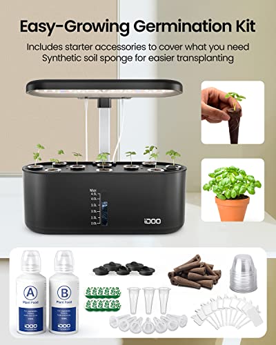 iDOO Hydroponics Growing System, 10 pods Indoor Herb Garden with LED Grow Light, Auto Timer Smart Garden, Water Shortage Alarm, 15'' Height Adjustable, 4.5L Water Tank