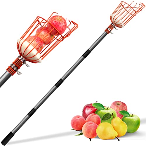 Walensee 8FT Fruit Picker, Adjustable Fruits Picker Tool with Lightweight Stainless Steel Pole and Big Basket, Fruit Catcher Equipment Tree Picker for Apples Mango Pear Orange Avocados Fruit Picking