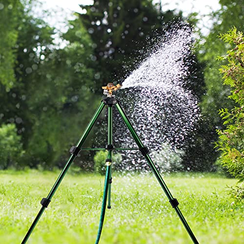 Biswing Impact Sprinkler Head on Tripod Base, Heavy Duty Lawn Sprinkler, 360 Degree Large Area Irrigation, Brass Sprinkler Nozzle & Solid Alloy Metal Extension Legs Flip Locks, 2 Pack