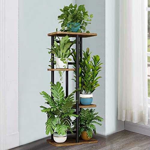 LINZINAR Plant Stand 4 Tier 5 Potted Indoor Plant Shelf Multiple Stands for Garden Corner Balcony Living Room (4 Tier 5 Potted, Black)