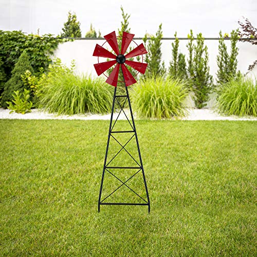 glitzhome 44" H Metal Wind Spinner Yard Stake, Ornamental Windmill Decor Weather Vane Weather Resistant for Home Outdoor Yard Lawn Garden Farm Backyard, Red