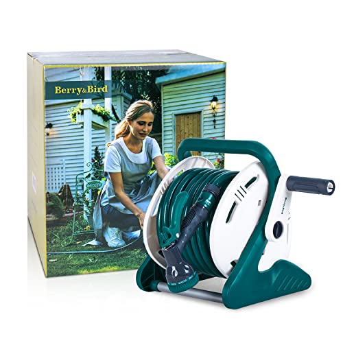 Berry&Bird Garden Portable Hose Reel, 1/2 inch x 65+6FT Wall/Floor Mounted Water Hose Holder, Garden Hose Reel Outdoor Water Pipe with 9 Pattern Hose Nozzle for Outside Gardening Car Cleaning Watering