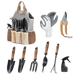 garden tool set,9 pcs stainless steel gardening tools with weeder cultivator trowel sprayer gloves storage organizer,ergonomic soft rubber handle garden tools for men women gift (premium garden tools)