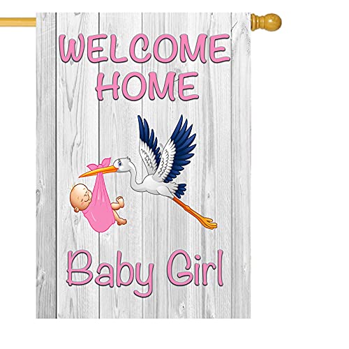 Welcome Home Baby Girl Garden Flag Baby Shower Birth Announcement Family Party Newborn Gender Reveal Lawn Yard Sign Pink Stork Outdoor Decoration Burlap Banner 12.5 x 18 Inch (Pink-Baby Girl)