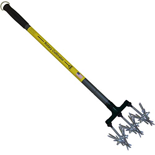 Rotary Cultivator Tool - 60” Extra Long Handle - Reinforced Tines - Reseeding Grass or Soil Mixing - All Metal, No Plastic Structural Components - Cultivate Easily