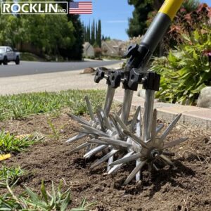 Rotary Cultivator Tool - 60” Extra Long Handle - Reinforced Tines - Reseeding Grass or Soil Mixing - All Metal, No Plastic Structural Components - Cultivate Easily