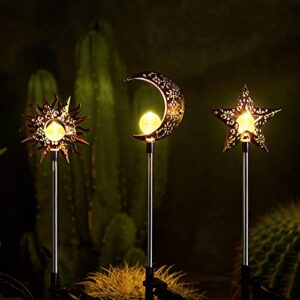 tryme solar lights outdoor garden decorations sun moon star stake light decorative waterproof warm white led yard decor for pathway lawn patio courtyard backyard