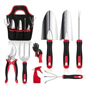 gardening tools, moxils 9 pieces stainless steel heavy duty gardening tool set, with non-slip rubber grip, storage tote bag, outdoor hand tools, ideal garden tool kit gifts for parents and kids