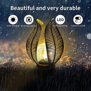 QZZP Garden Decor Solar Lights Outdoor, Crackle Glass Globe Palm Leaf Decorations, Waterproof LED Metal Flower Light for Yard Front Porch Patio Gardening Gift for Mom Grandma Women Birthday