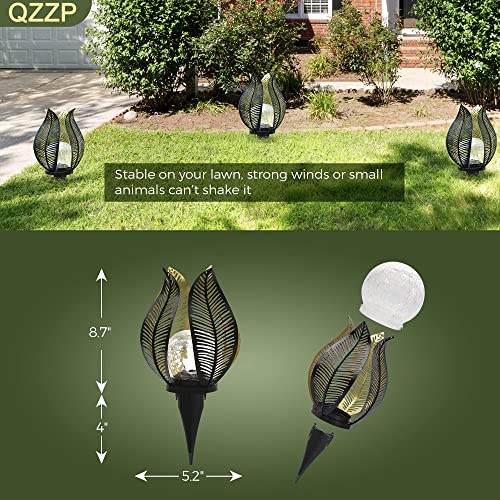 QZZP Garden Decor Solar Lights Outdoor, Crackle Glass Globe Palm Leaf Decorations, Waterproof LED Metal Flower Light for Yard Front Porch Patio Gardening Gift for Mom Grandma Women Birthday