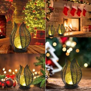 QZZP Garden Decor Solar Lights Outdoor, Crackle Glass Globe Palm Leaf Decorations, Waterproof LED Metal Flower Light for Yard Front Porch Patio Gardening Gift for Mom Grandma Women Birthday