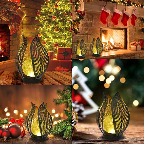 QZZP Garden Decor Solar Lights Outdoor, Crackle Glass Globe Palm Leaf Decorations, Waterproof LED Metal Flower Light for Yard Front Porch Patio Gardening Gift for Mom Grandma Women Birthday