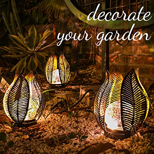 QZZP Garden Decor Solar Lights Outdoor, Crackle Glass Globe Palm Leaf Decorations, Waterproof LED Metal Flower Light for Yard Front Porch Patio Gardening Gift for Mom Grandma Women Birthday