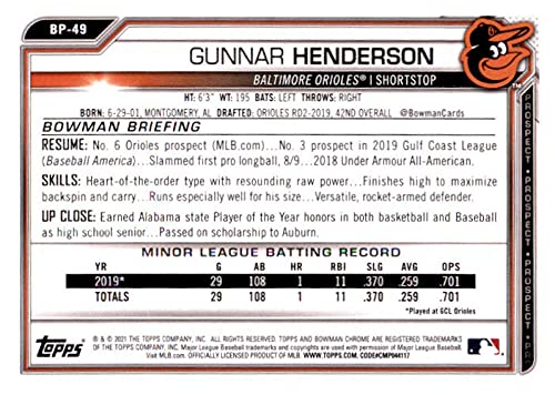 2021 Bowman Prospects #BP-49 Gunnar Henderson Baltimore Orioles Baseball Card