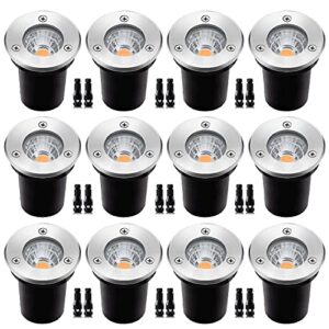 eleglo 12 pack 3w low voltage led landscape lights,12v/24v ac/dc well lights,ip67 waterproof in ground light and landscape lighting for garden,yard, driveway, deck, step up light(warm white 12 pack)