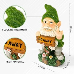 Premier Funny Garden Gnome Statue with Solar Lights - 11" Tall Gnomes Decorations for Yard Outdoor Garden Lawn Patio, Flocked Resin Gnome Figurine with LED Go Away Sign