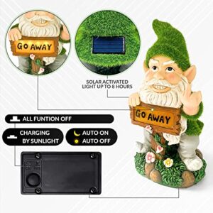 Premier Funny Garden Gnome Statue with Solar Lights - 11" Tall Gnomes Decorations for Yard Outdoor Garden Lawn Patio, Flocked Resin Gnome Figurine with LED Go Away Sign