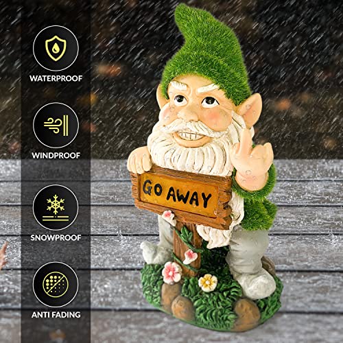 Premier Funny Garden Gnome Statue with Solar Lights - 11" Tall Gnomes Decorations for Yard Outdoor Garden Lawn Patio, Flocked Resin Gnome Figurine with LED Go Away Sign